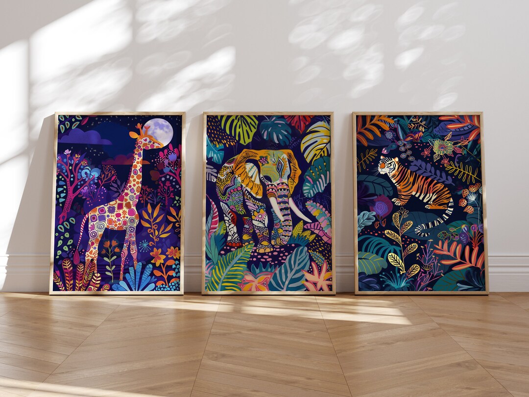 Jungle Animals Vibrant Wall Art Set of 3, Abstract Maximalist Print ...