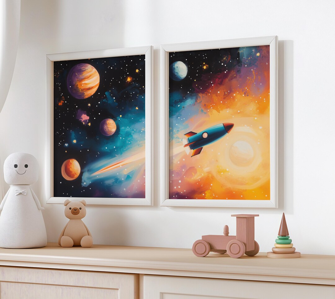 Space Rocket Wall Art Set of 2, Retro Rocket Print, Kids Room Space ...