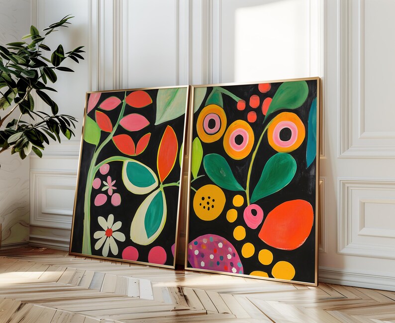 Abstract Floral Print Set: Retro Vibrant Botanical Wall Art (digital ...