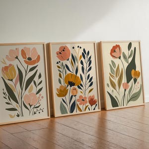 Flowers Boho Abstract Print Set of 3, Floral Wall Art, Boho Art Print ...
