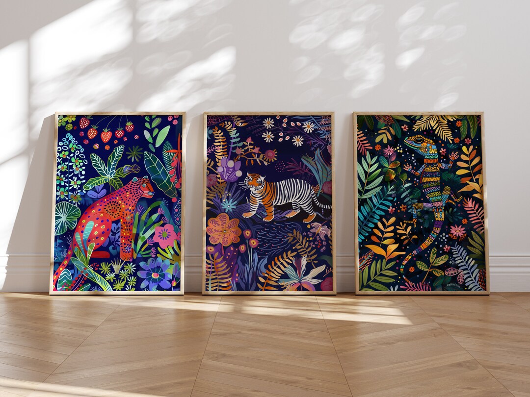 Jungle Animals Vibrant Wall Art Set of 3, Abstract Maximalist Print ...