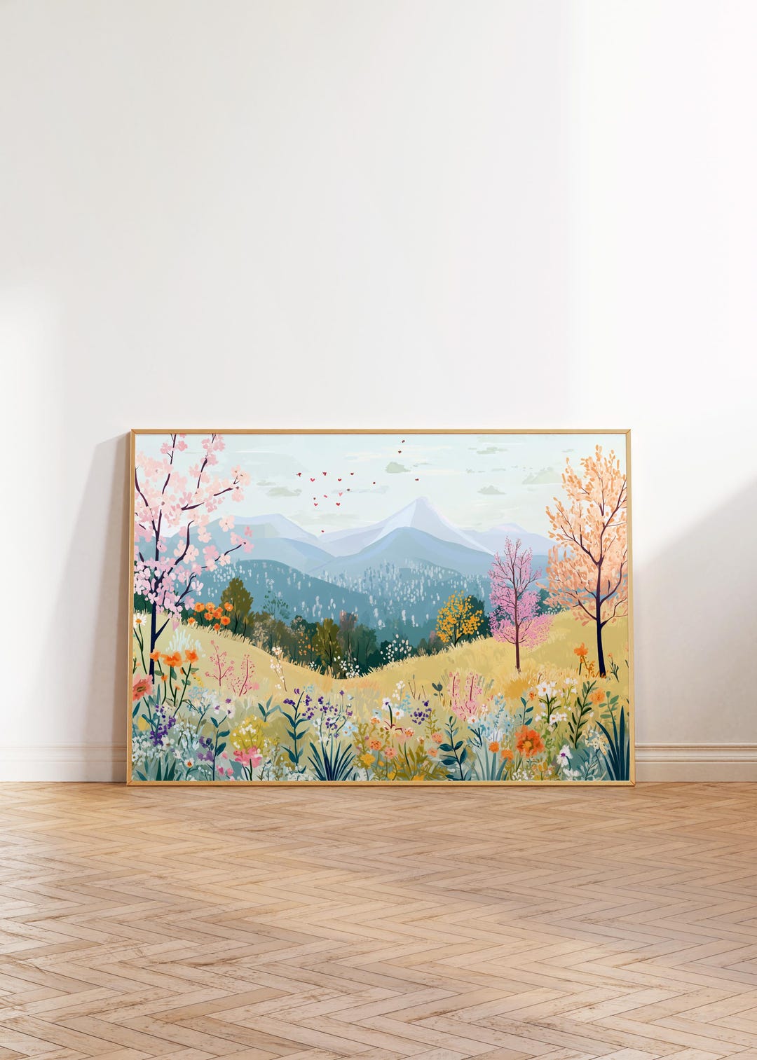 Spring Flowers Landscape Wall Art, Vibrant Retro Landscape Wall Art ...