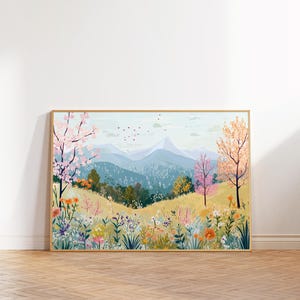 Spring Flowers Landscape Wall Art, Vibrant Retro Landscape Wall Art ...