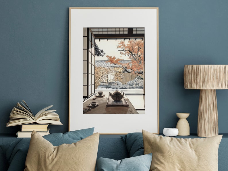 Japandi Room View Drawing, Japanese Garden Sketch, Wabi Sabi Neutral ...