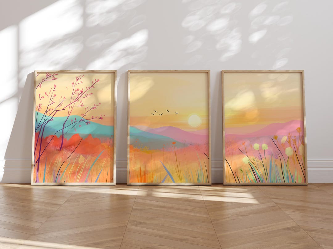 Pastel Landscape Wall Art Set of 3, Abstract Sunset Prints (digital ...
