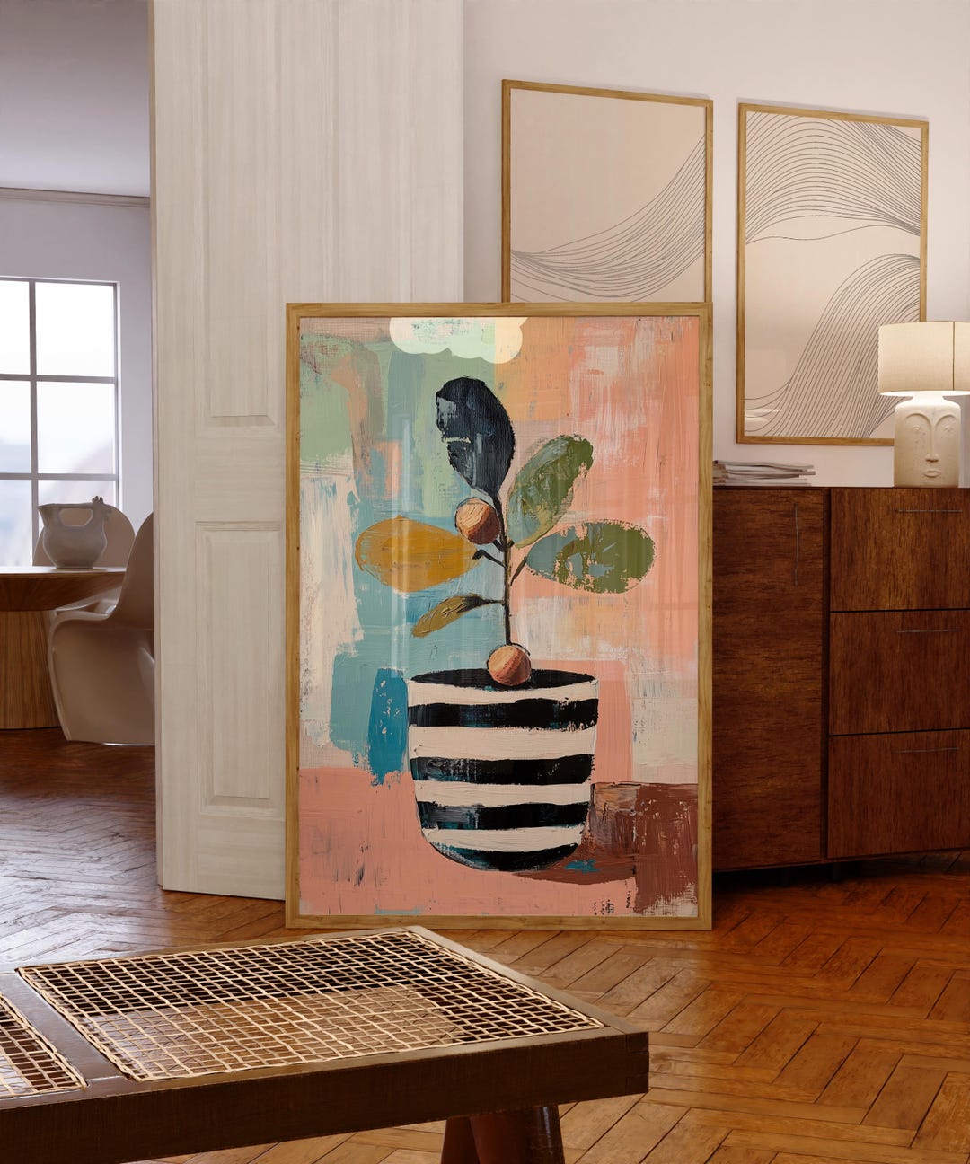 Striped Pastel Flower Pot Wall Art, Retro Acorn Plant Print, Striped ...