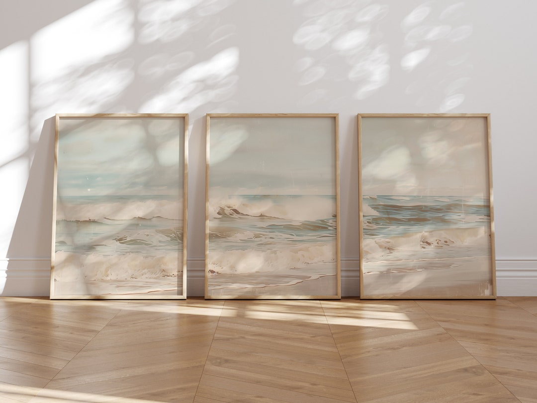 Classic Coastal Art Painting 3 Set, Ocean Landscape, Neutral Beach ...