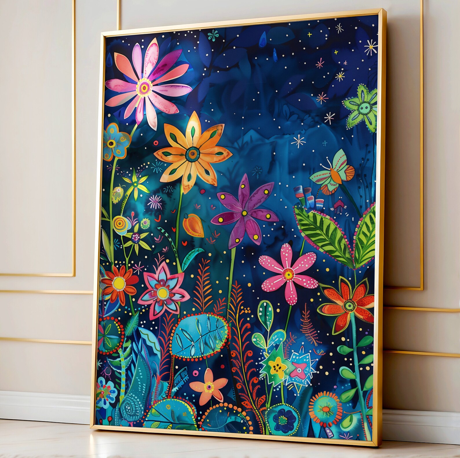 Maximalist Flowers Wall Art, Abstract Vibrant Night Stars Decor ...