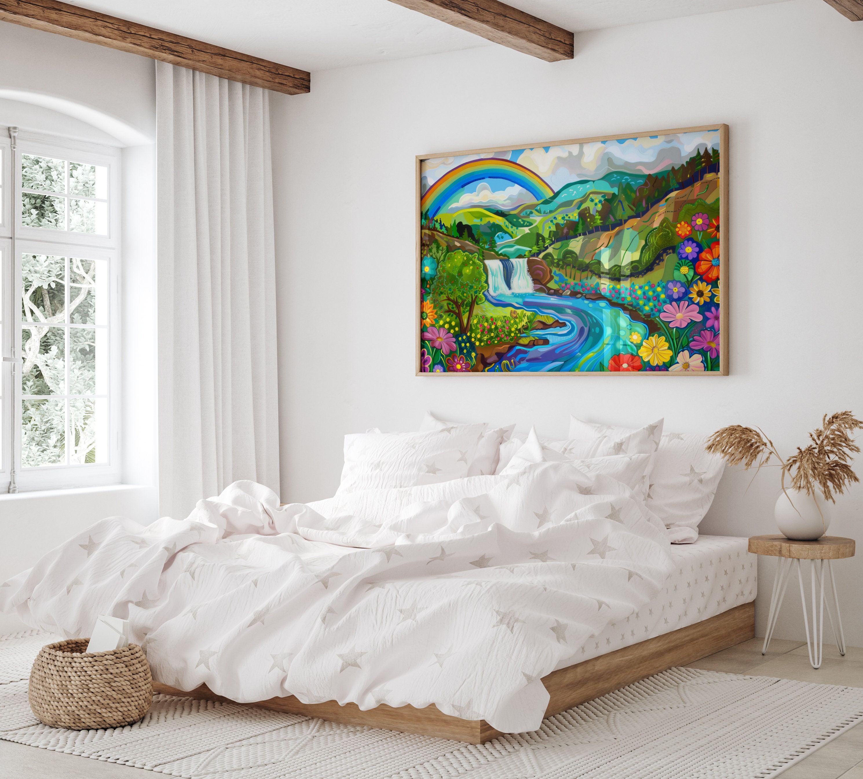 Vibrant Abstract Waterfall Wall Art, Colorful Rainbow Floral Nature ...