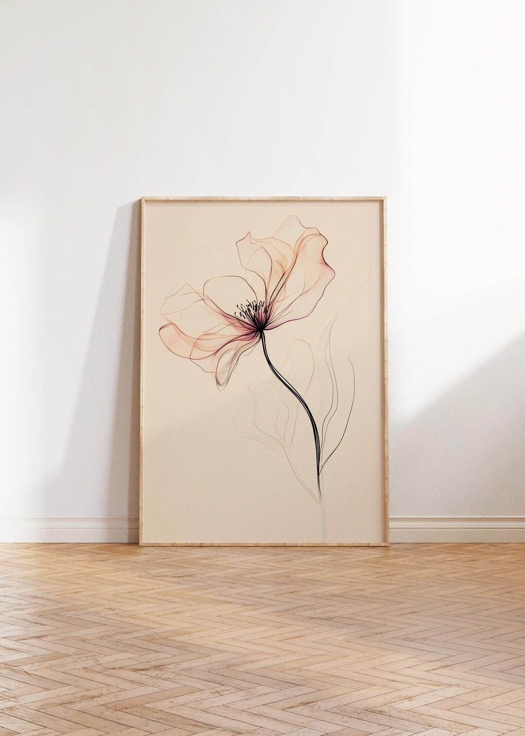 Minimalist Flower Line Art Print, Beige Floral Illustration (digital ...