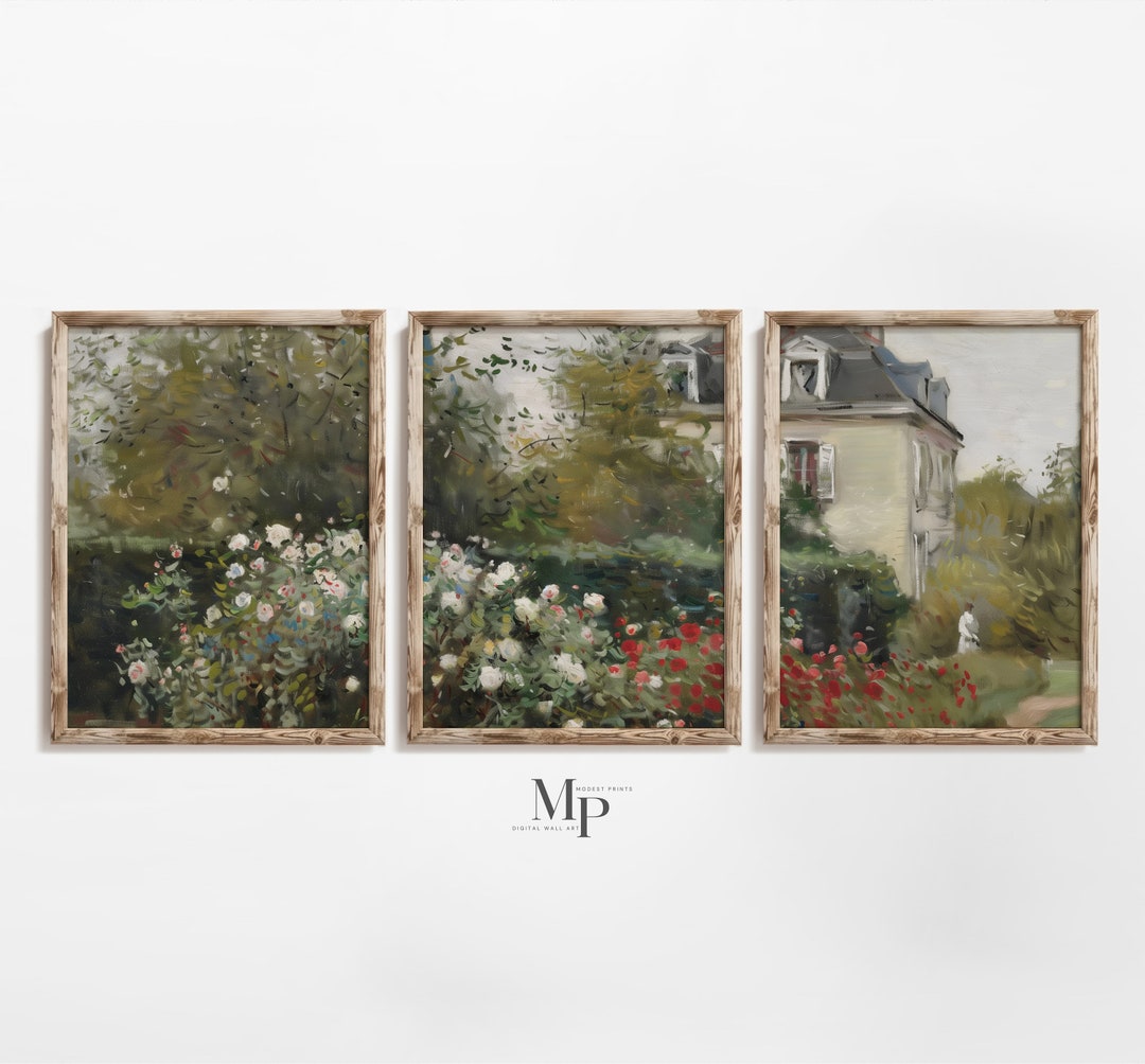 Classic English Cottage Art Set of 3, Rose Garden Classic Painting ...