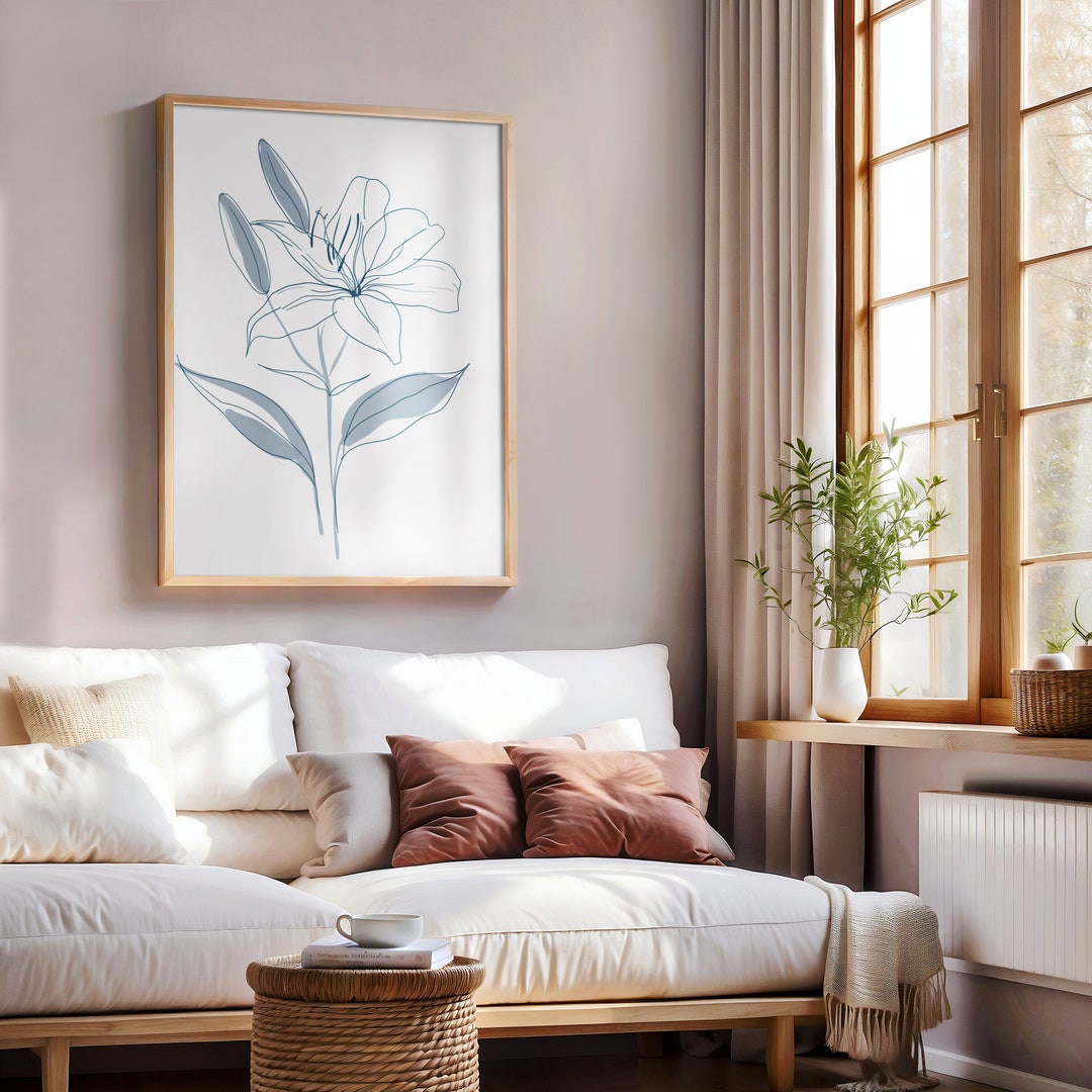 Boho Botanical Line Art, Floral Line Blue Print, Gallery Wall Art, Lily ...