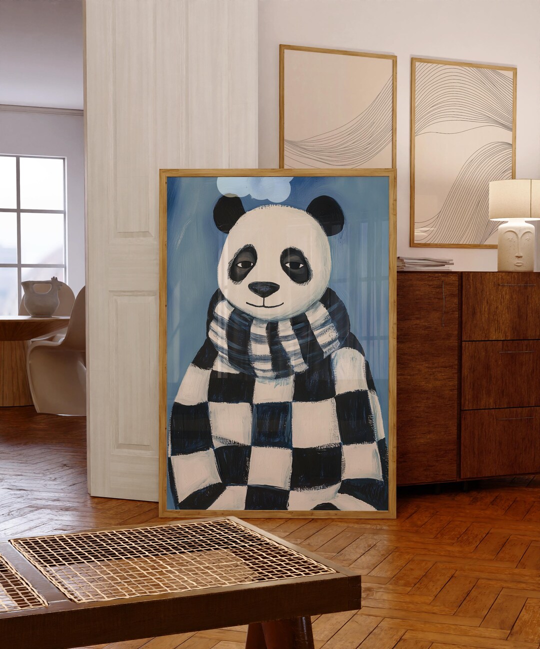 Checkered Panda Wall Art, Checker Sweater Print, Blue Printable Decor ...