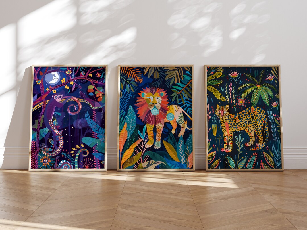 Jungle Animals Vibrant Wall Art Set of 3, Abstract Maximalist Print ...