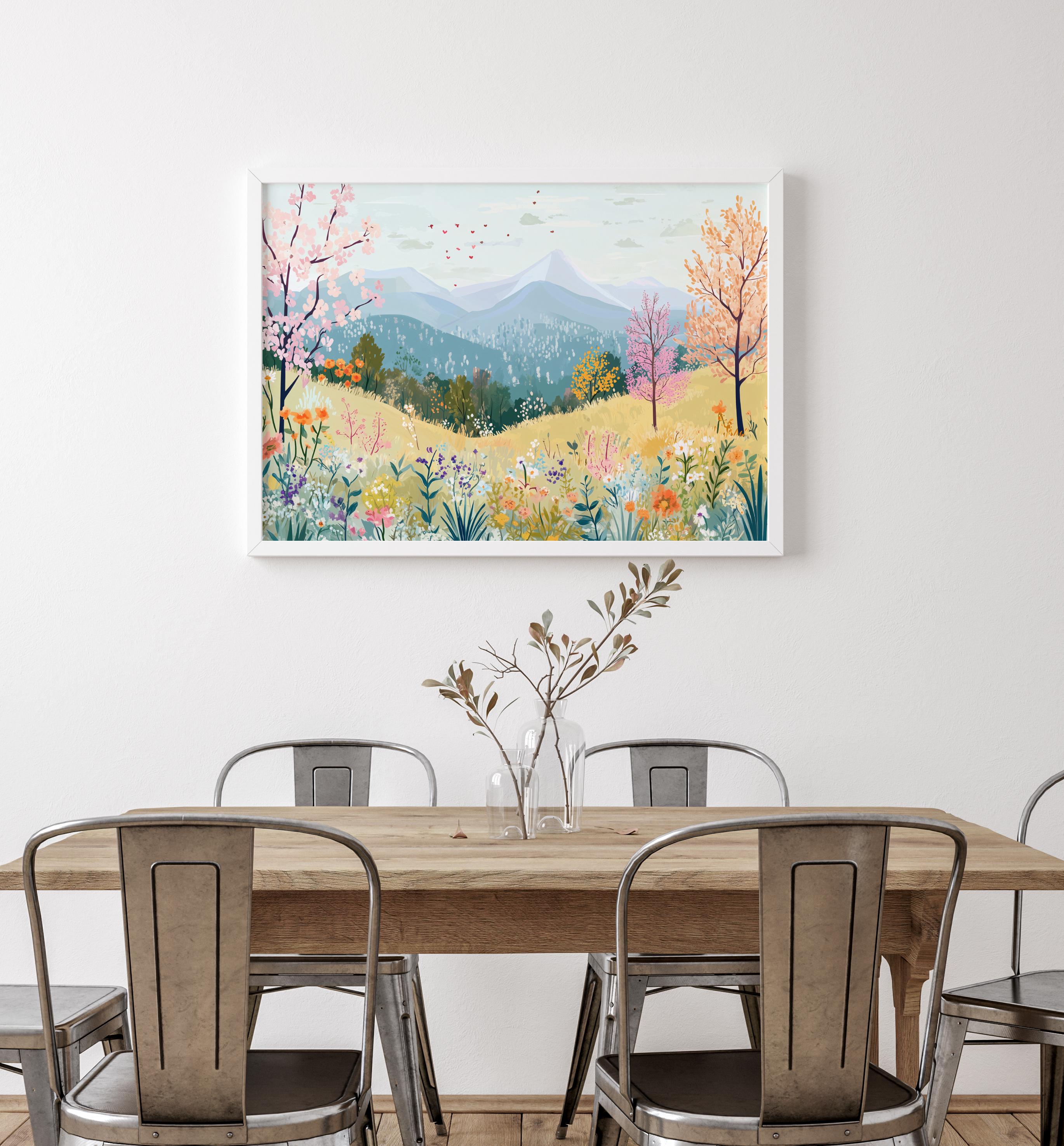 Spring Flowers Landscape Wall Art, Vibrant Retro Landscape Wall Art ...