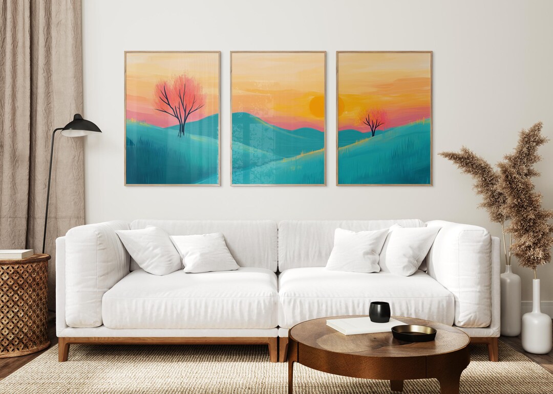 Dusty Blue Landscape Wall Art Set of 3, Colorful Pastel Posters ...