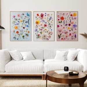 Pressed Flowers Wall Art Set of 3, Colorful Botanical Prints, Modern ...