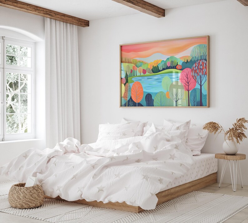 Colorful Pastel Trees and Lake Wall Art, Abstract Boho Scenery Print ...