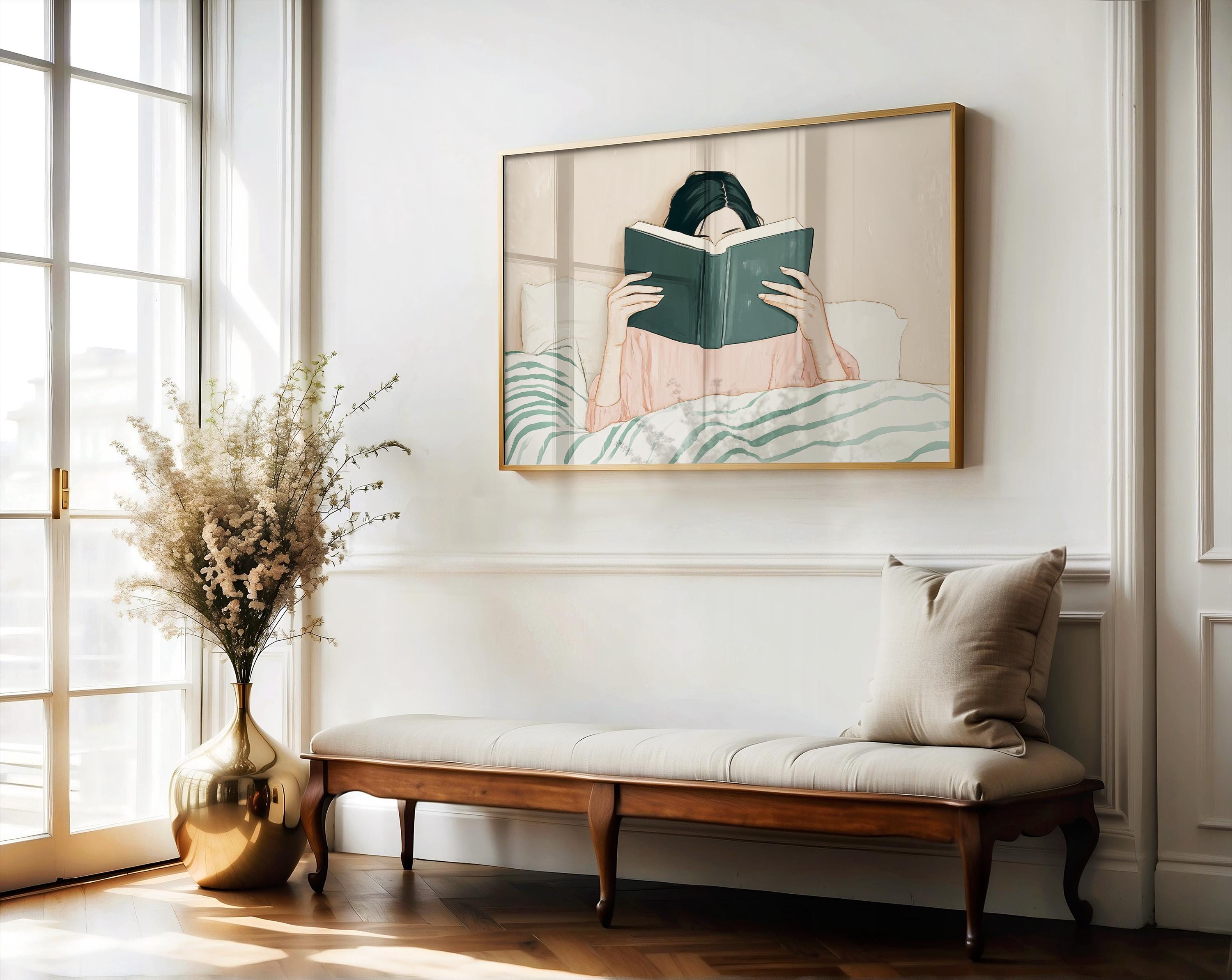Woman Reading in Bed Wall Art, Library Decor, Book Lover Digital Print ...