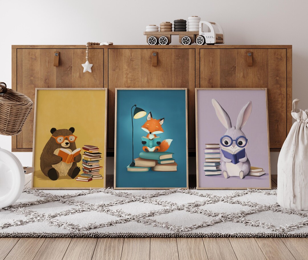 Woodland Animals Reading Art Set of 3, Study Room Print, Classroom ...