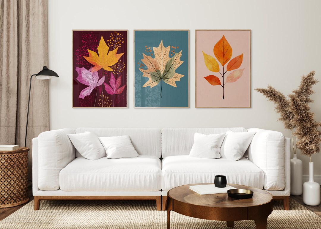 Colorful Autumn Leaves Wall Art Set of 3, Bright Fall Colors Print, 3 ...