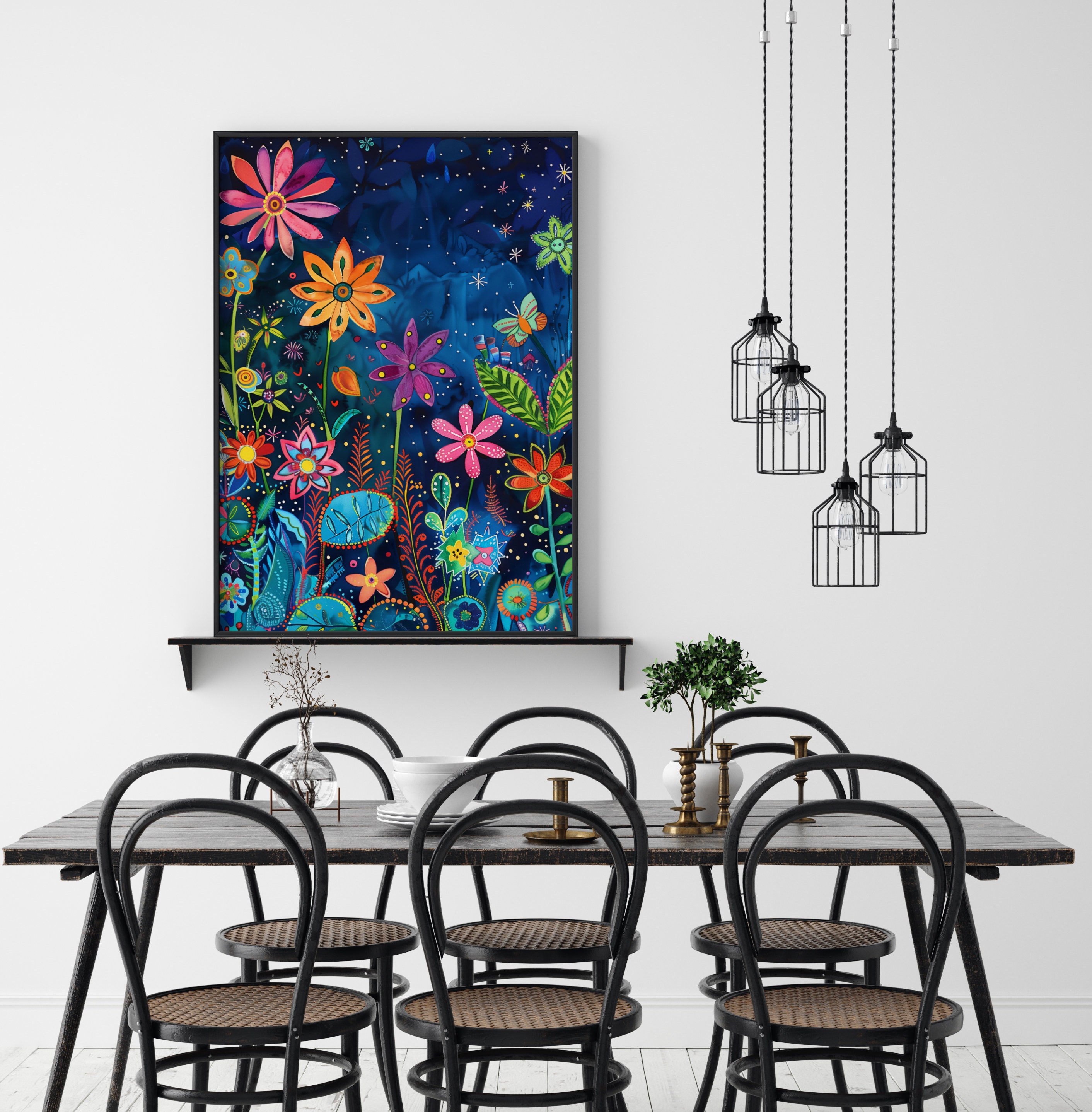 Maximalist Flowers Wall Art, Abstract Vibrant Night Stars Decor ...