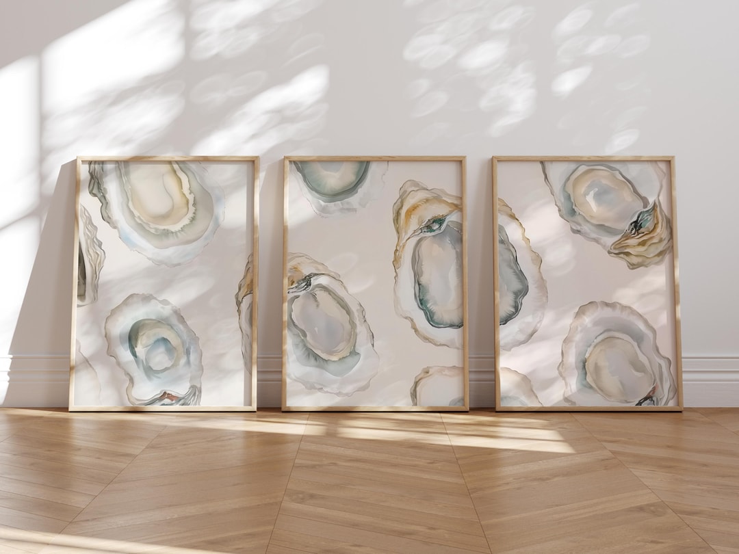Oyster Water Color Wall Art Set of 3, Shell Painting Decor, Muted ...