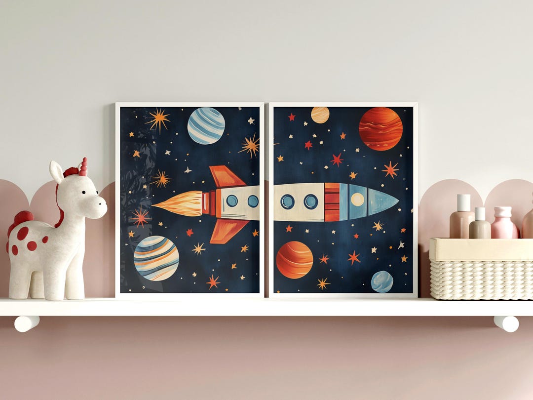 Space Rocket Wall Art Set of 2, Kids Room Space Travel Decor, Retro ...