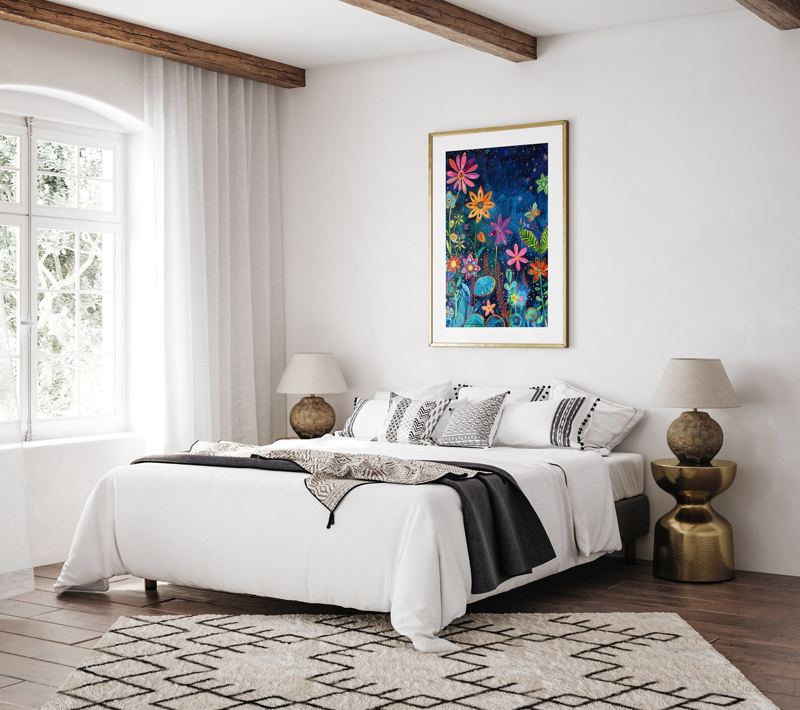 Maximalist Flowers Wall Art, Abstract Vibrant Night Stars Decor ...