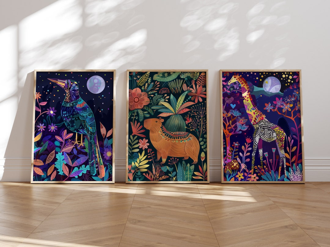 Jungle Animals Vibrant Wall Art Set of 3, Abstract Maximalist Print ...