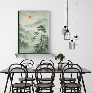 Japanese Mountain Forest Art Print, Japandi Green Landscape (digital ...