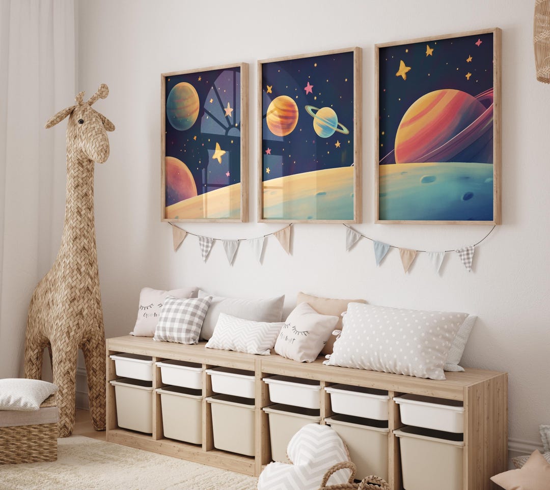 Solar System Planets Kids Wall Art Set of 3, Colorful Space Kids Room ...
