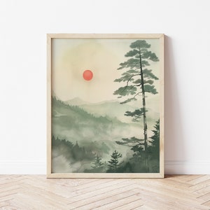 Japanese Wall Art, Mountain Wall Art, Forest Morning Art, Japandi Décor ...