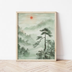 Japanese Mountain Forest Art Print, Japandi Green Landscape (digital ...