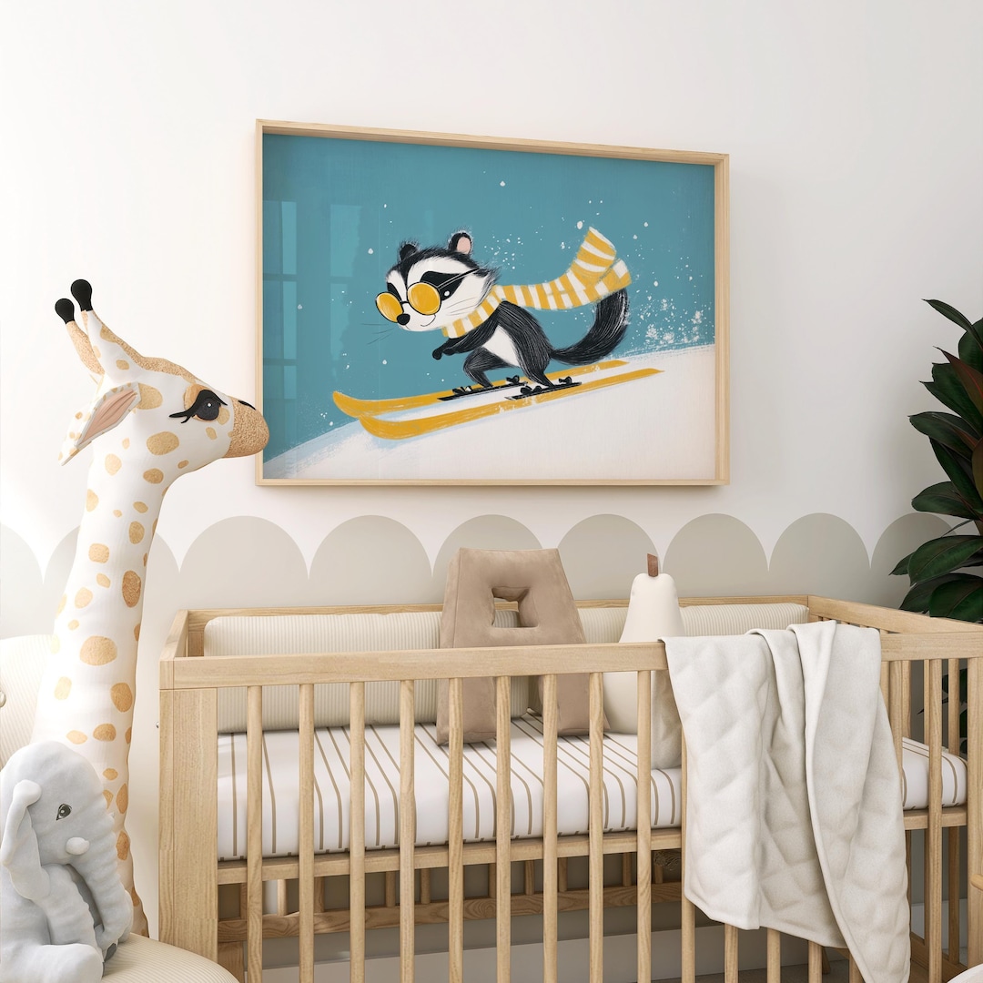 Skiing Skunk Nursery Print, Animal Skiing Wall Art, Baby Decor, Striped ...