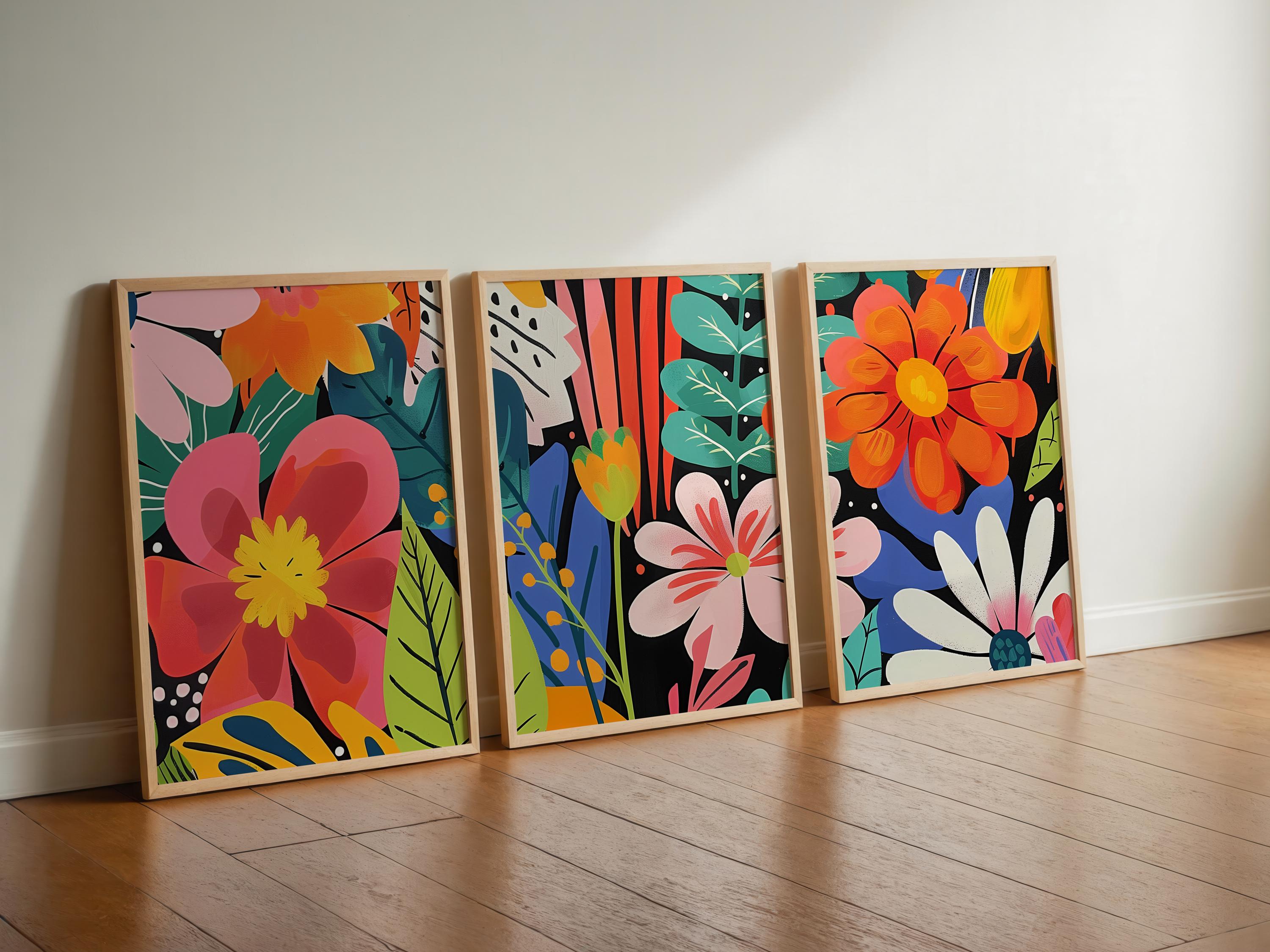 Vibrant Floral Wall Art Set of 3, Abstract Colorful Flower Decor ...