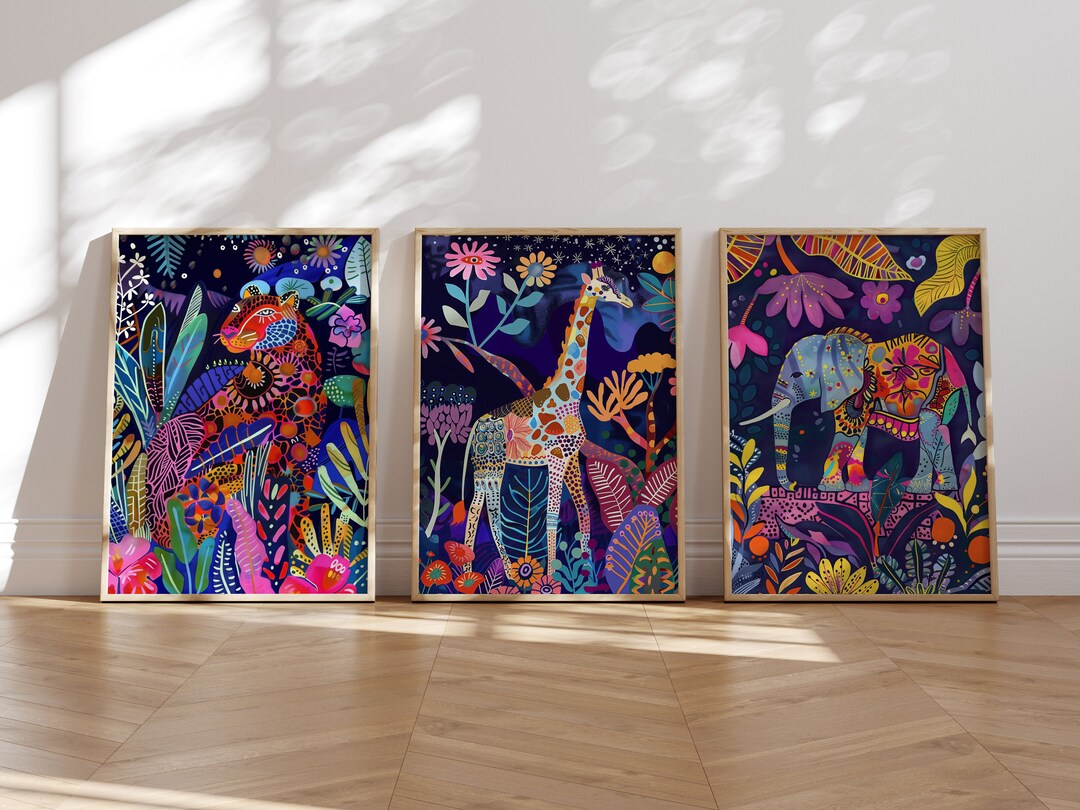 Jungle Animals Vibrant Wall Art Set of 3, Abstract Maximalist Print ...