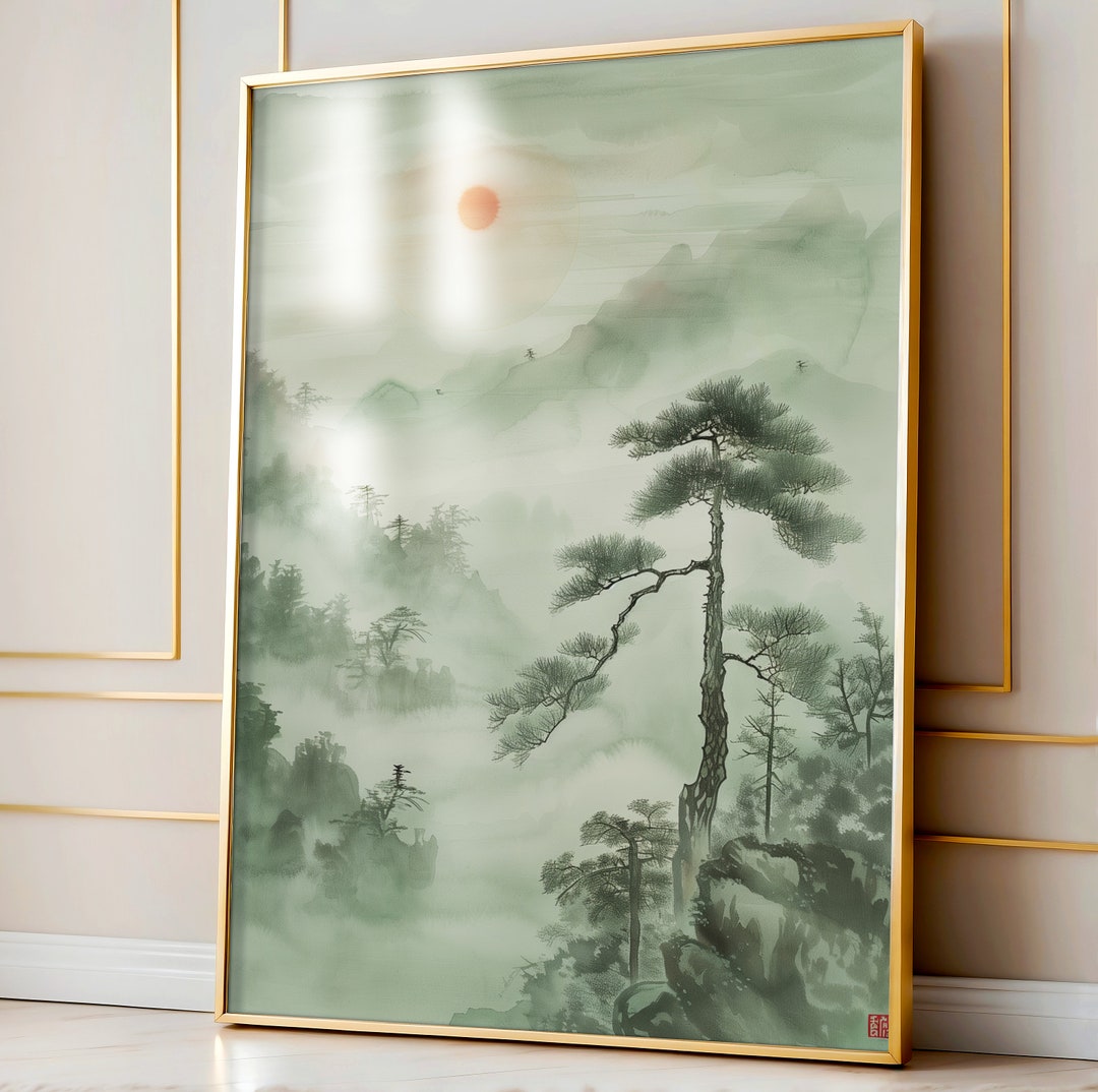 Japanese Mountain Forest Art Print, Japandi Green Landscape (digital ...
