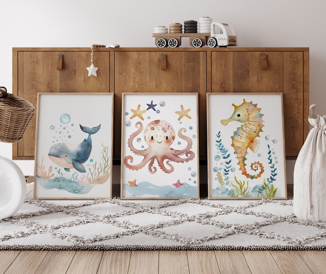 Baby Sea Animals Wall Art Set of 3, Watercolor Cute Nursery Decor, Kids ...