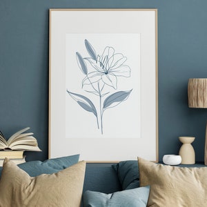 Boho Botanical Line Art, Floral Line Blue Print, Gallery Wall Art, Lily ...