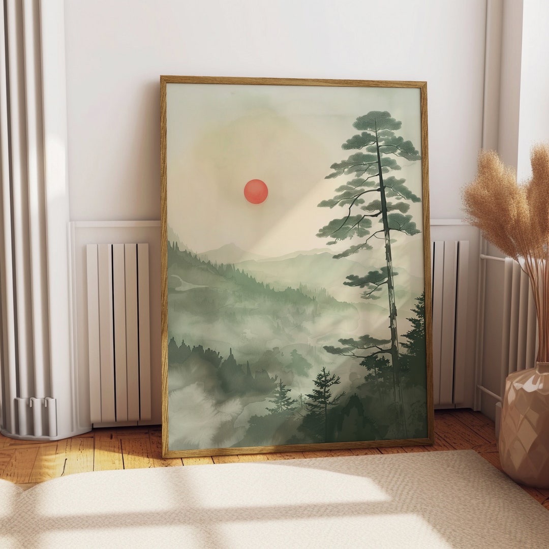 Japanese Wall Art, Mountain Wall Art, Forest Morning Art, Japandi Décor ...