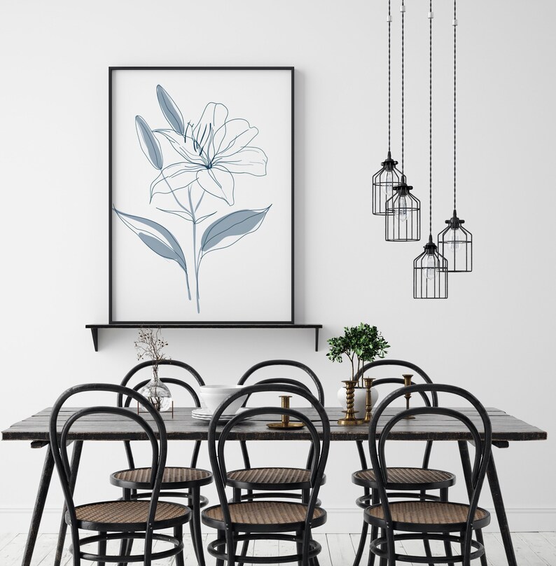 Boho Botanical Line Art, Floral Line Blue Print, Gallery Wall Art, Lily ...