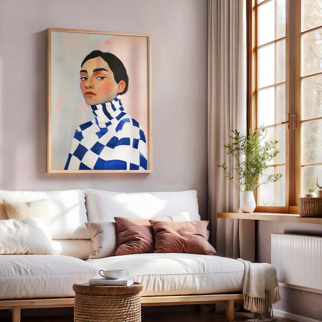Contemporary Checkered Wall Art, Woman Pastel Decor, Colorful Print ...