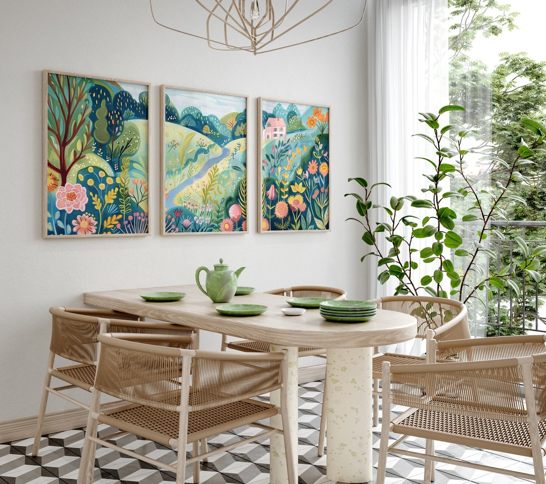 Colorful Scenery Wall Art Set of 3, Flower Garden Landscape, Bright ...