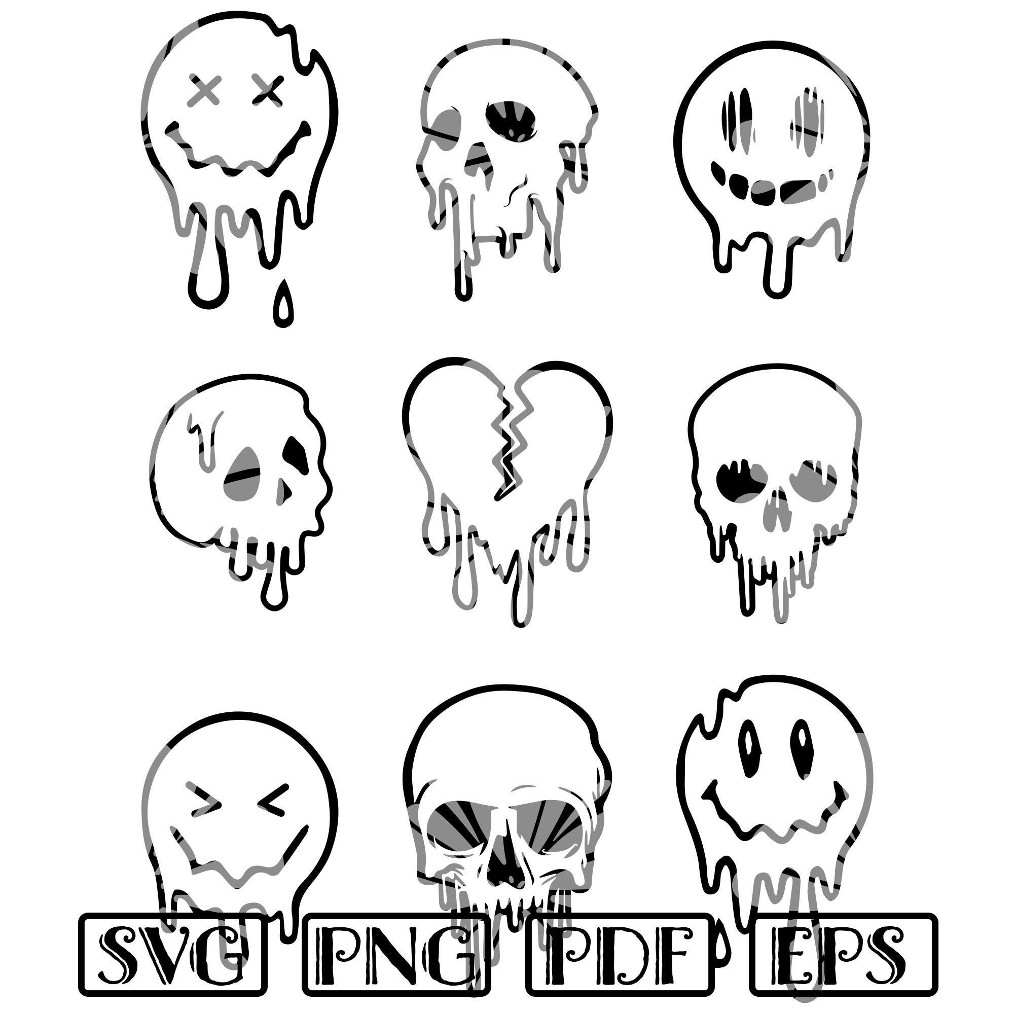 Melty Smiley Face and Skull Pack Eps, Melted Faces Svg Sticker Pack ...