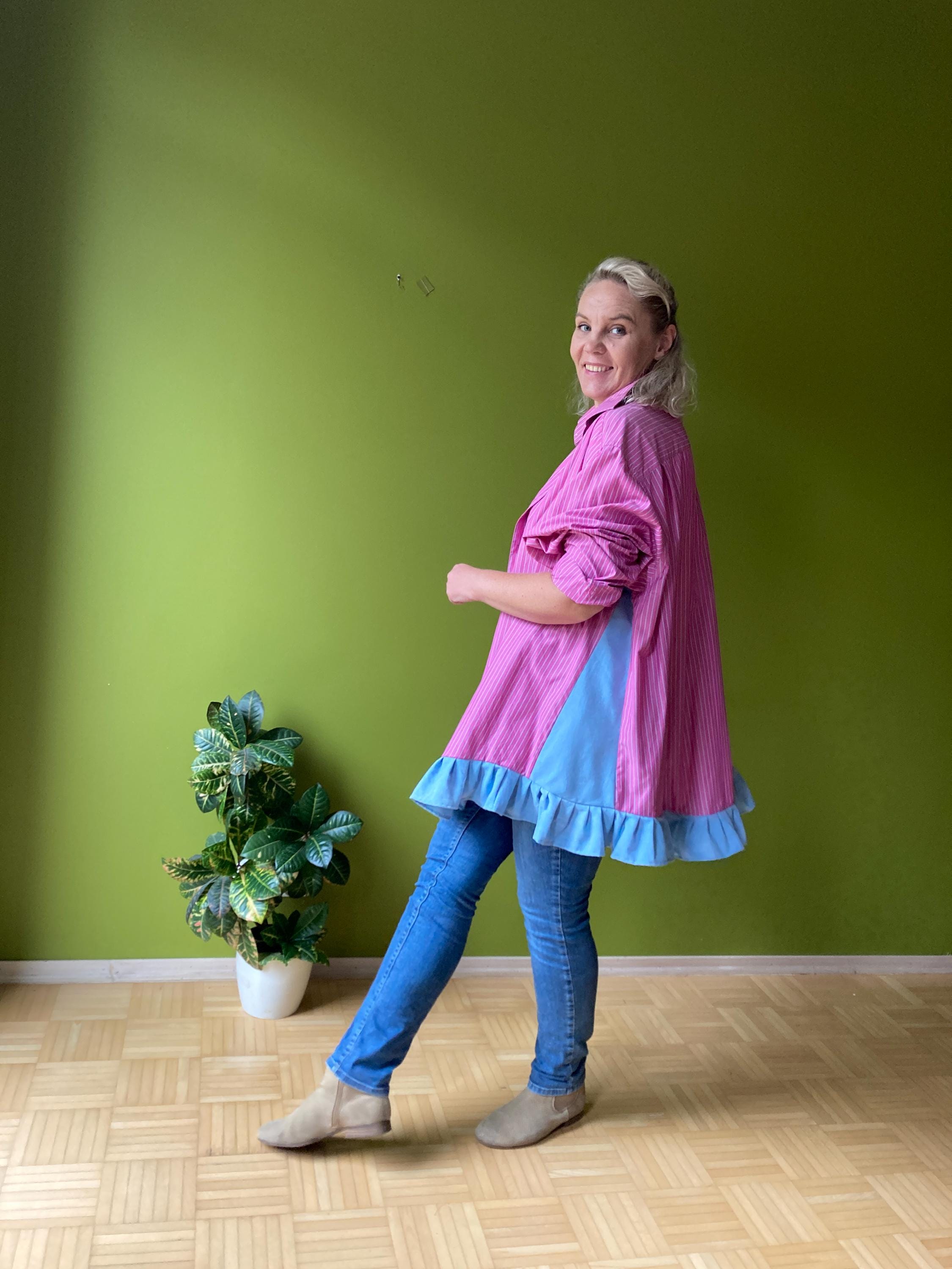 Upcycled Oversized Pink and Blue Denim Ruffle Dress | Sustainable ...
