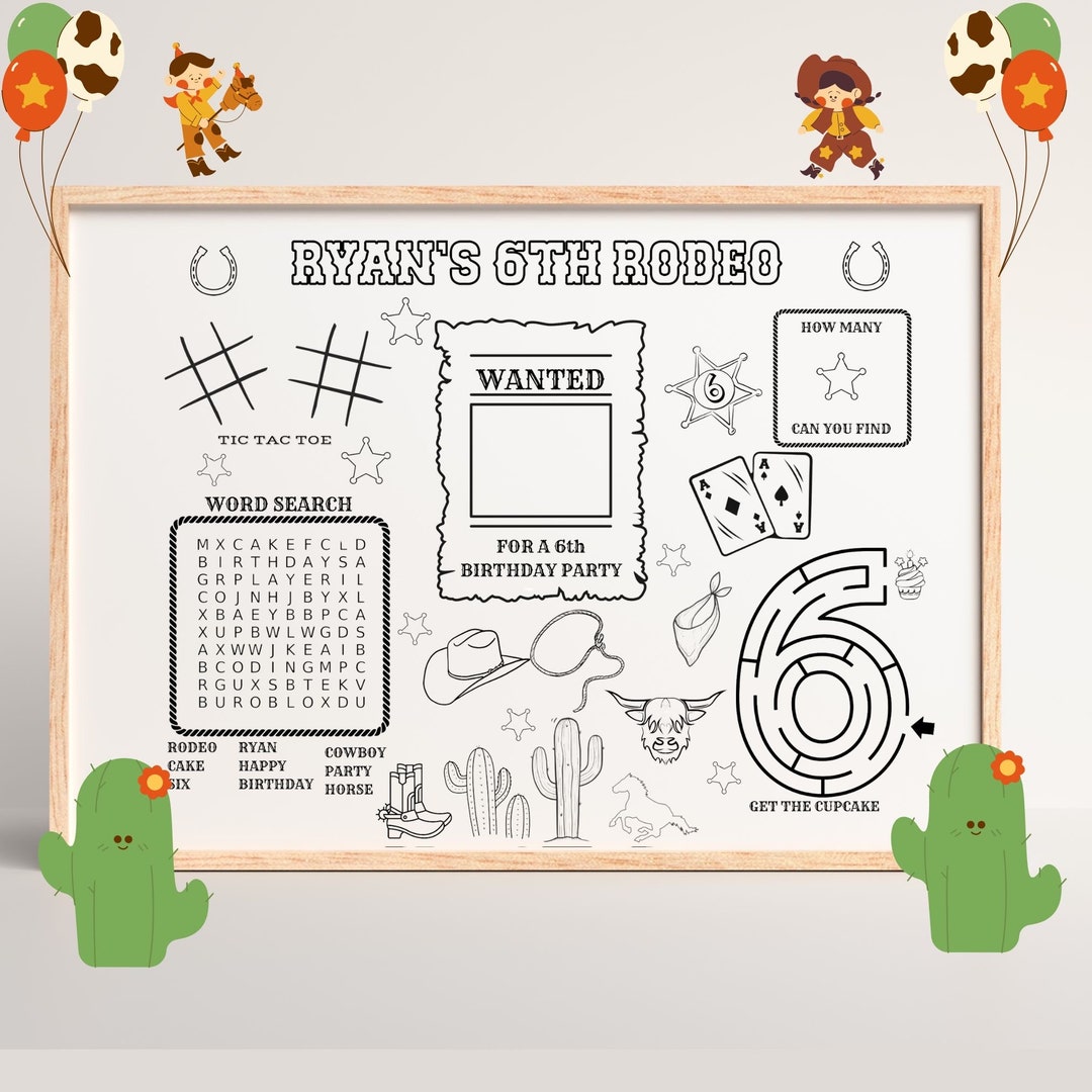 Printable Cowboy Birthday Coloring Page, Kids Activity Placemat ...