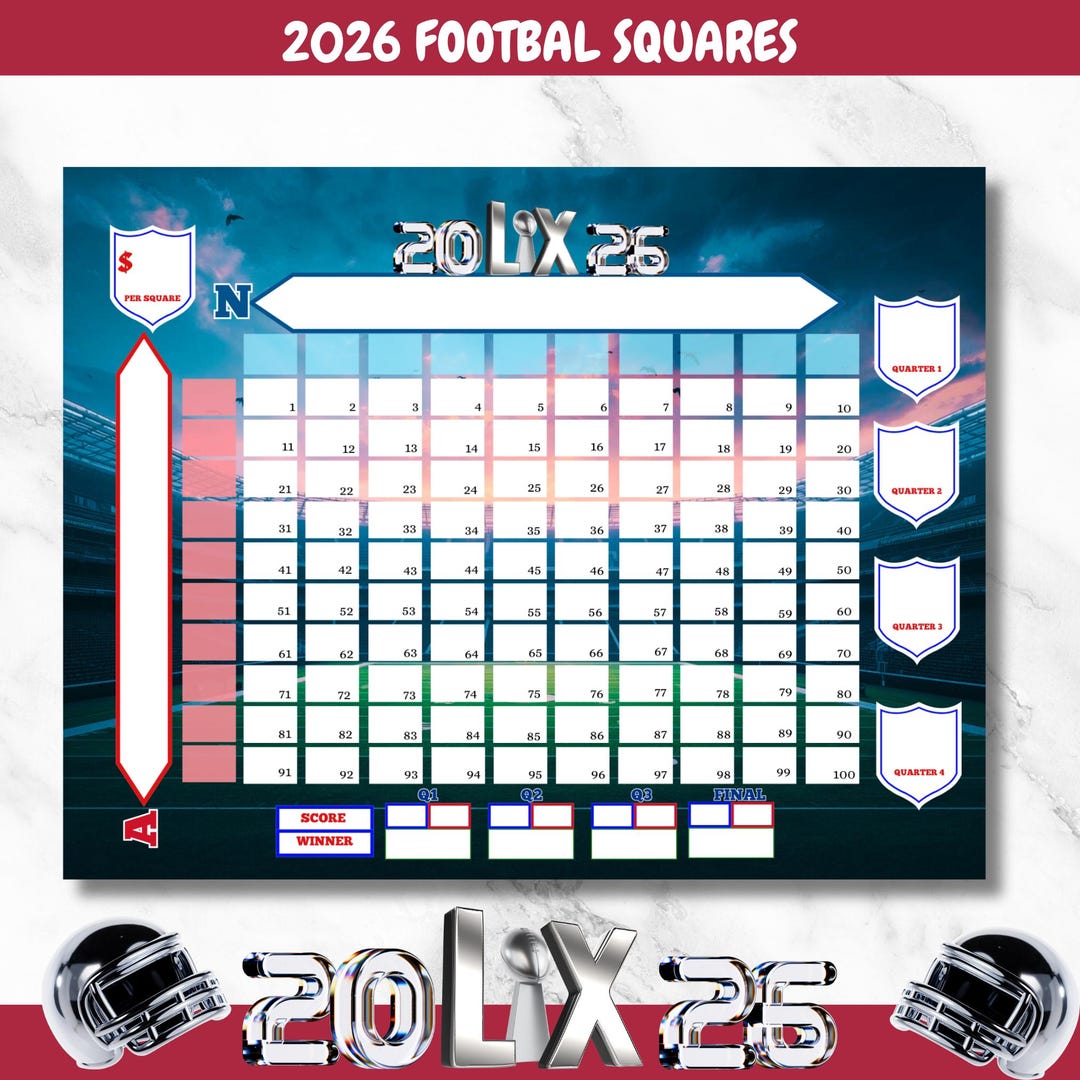 Super Big Game Football Squares | 100 Squares Football Pool | 2025 ...