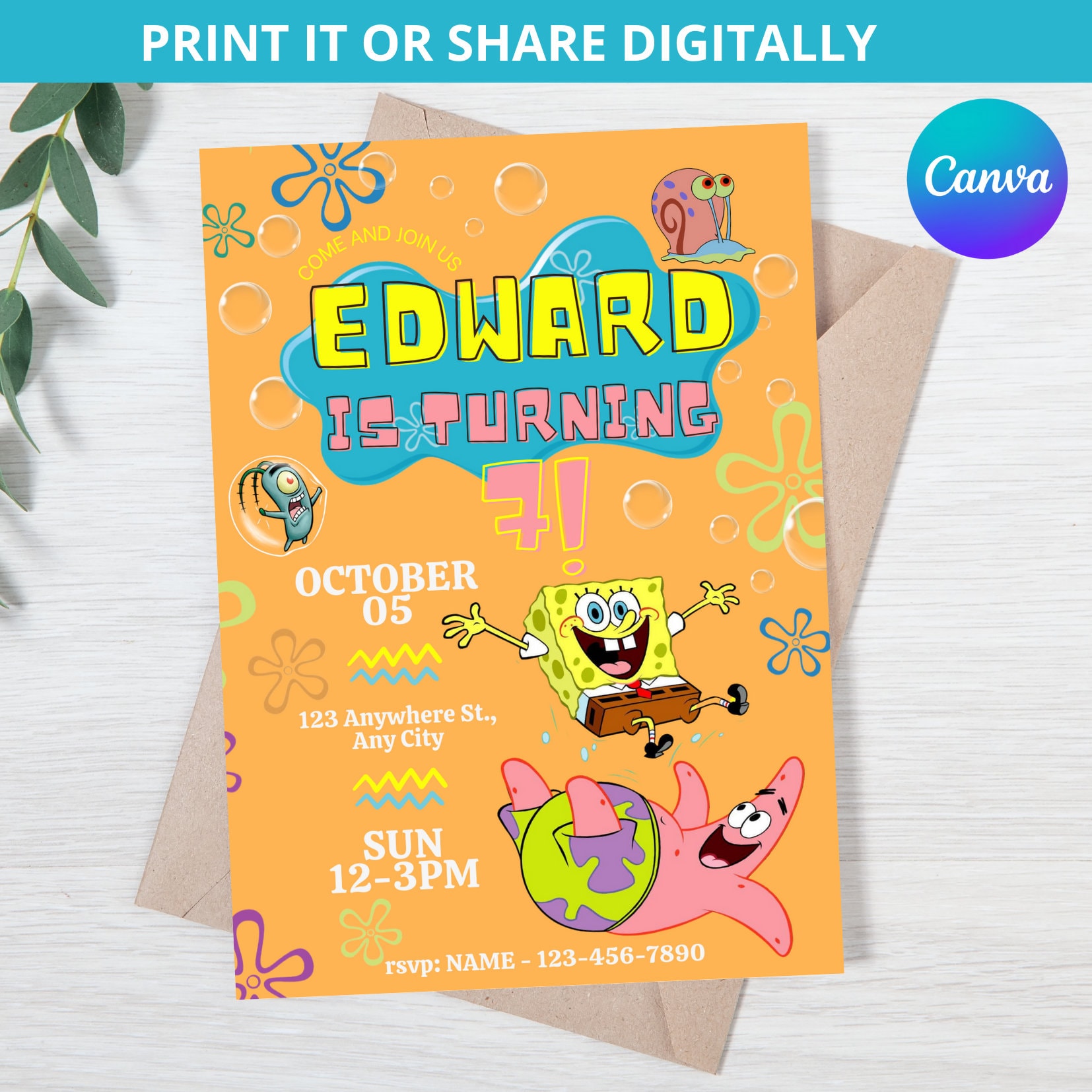 Editable Spongebob Birthday Party Invitation Template, Spongebob Invite ...