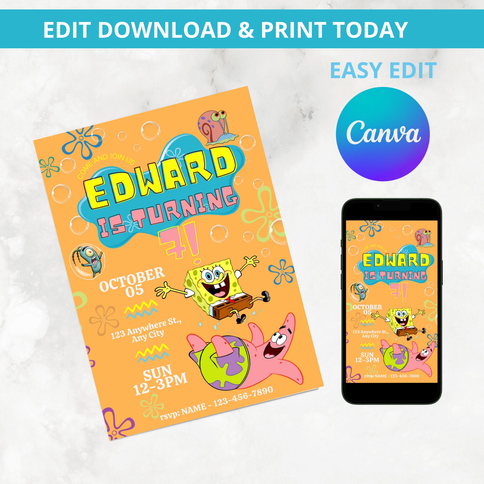 Editable Spongebob Birthday Party Invitation Template, Spongebob Invite ...